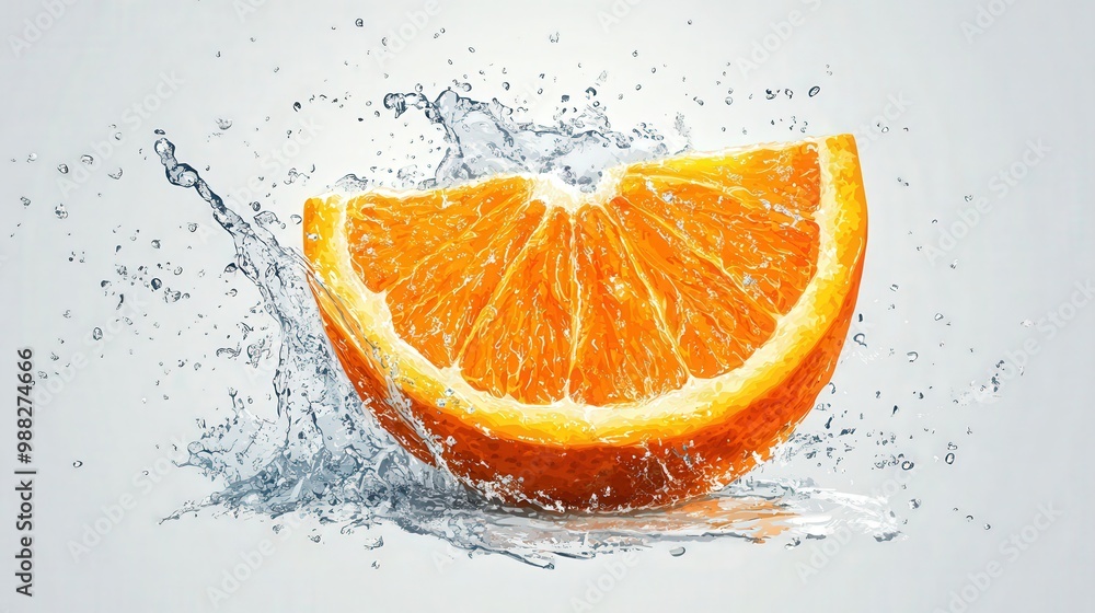 Simple 2D flat design of an orange with water splash effects on a ...