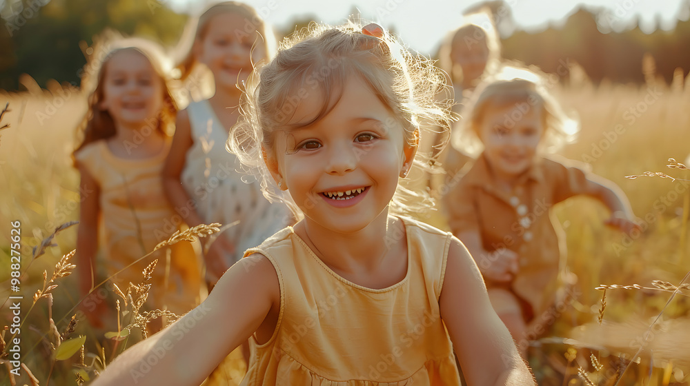 Happy children playing in park and having fun together. Bunch of ...