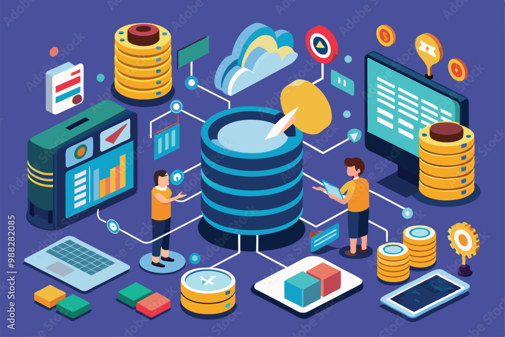 Two individuals engage in database management research, utilizing ...