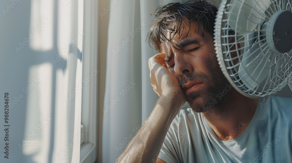 Man suffers from summer heat at home. Guy with broken air conditioner ...