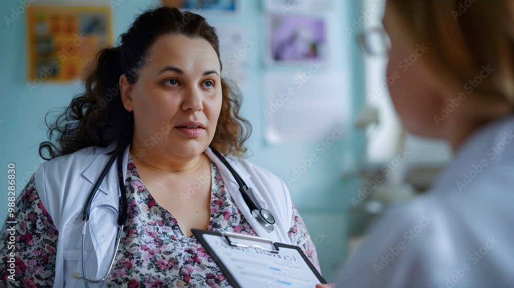 Overweight woman having consultation at doctor's office. Portrait of ...