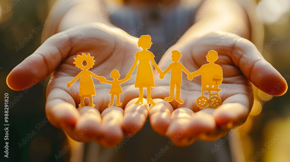 A pair of hands holding yellow paper cutouts representing people ...