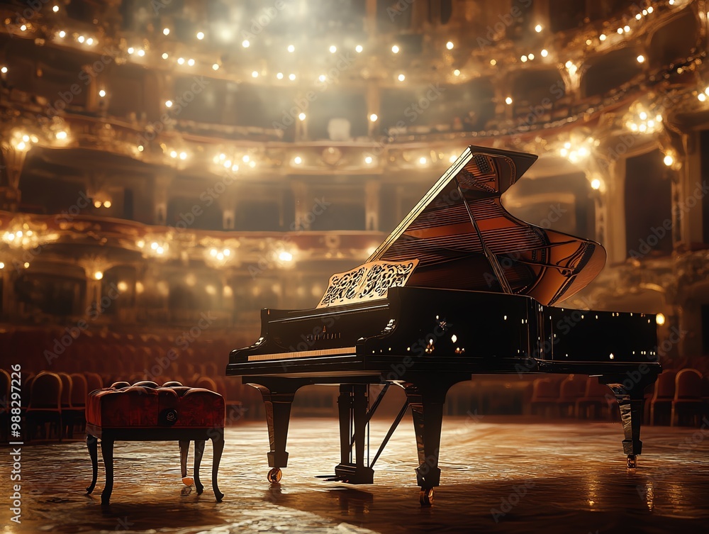 A grand piano soloist performing in a classical concert hall, the sound ...