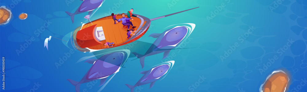 Top view on sinking fishing boat surrounded by huge whales under water ...