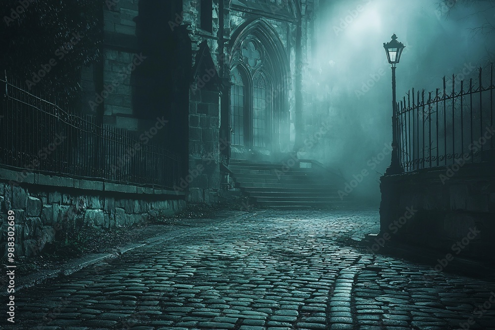Mysterious shadows sway across weathered stones, shrouded in fog that ...