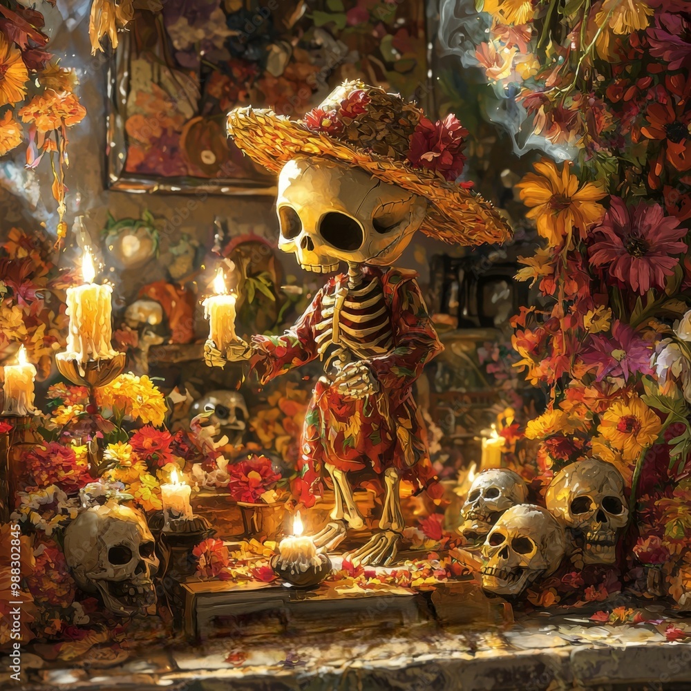 Skeleton in traditional attire lighting candles at an altar decorated ...