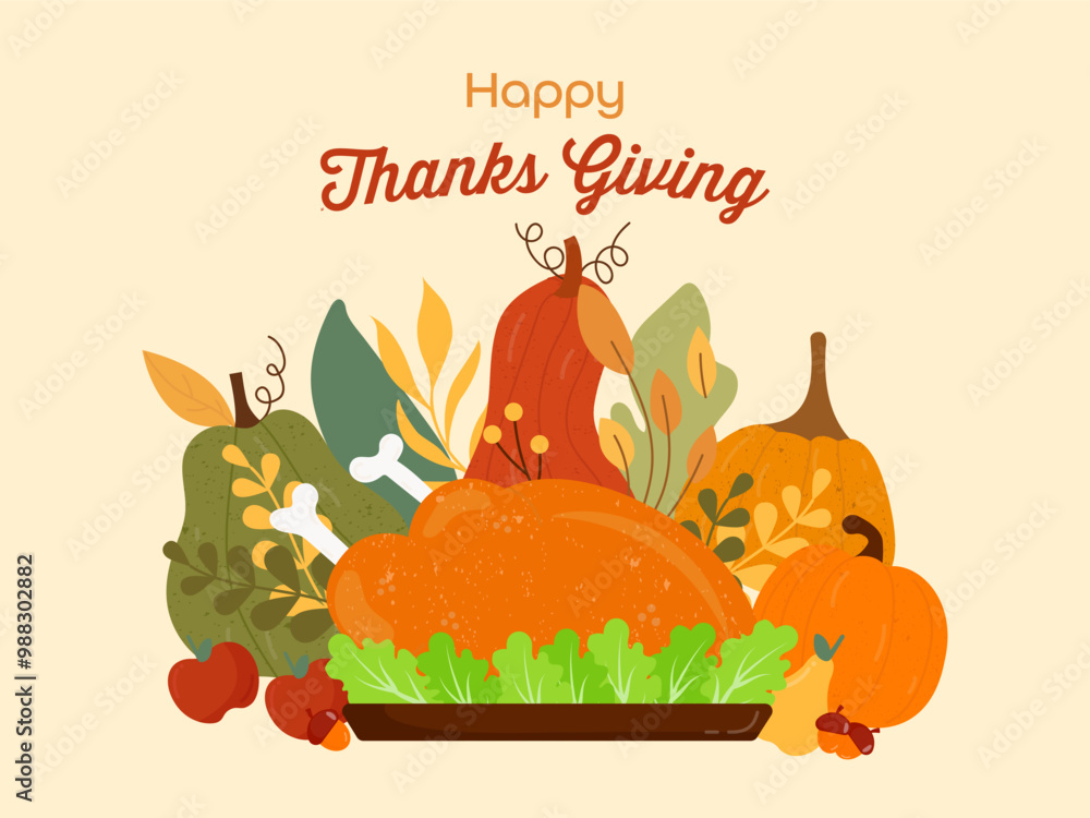 Happy Thanksgiving Day Vector Illustration with Turkey Bird, Pumpkin ...