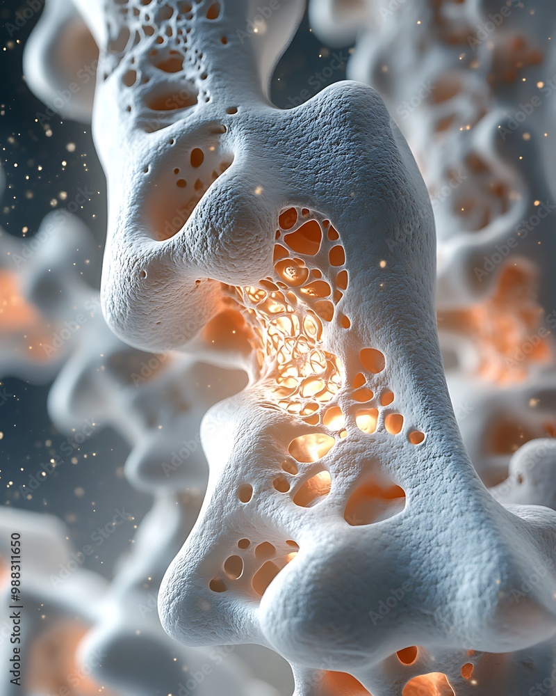 A close-up of a 3D-rendered bone structure with highlighted areas ...