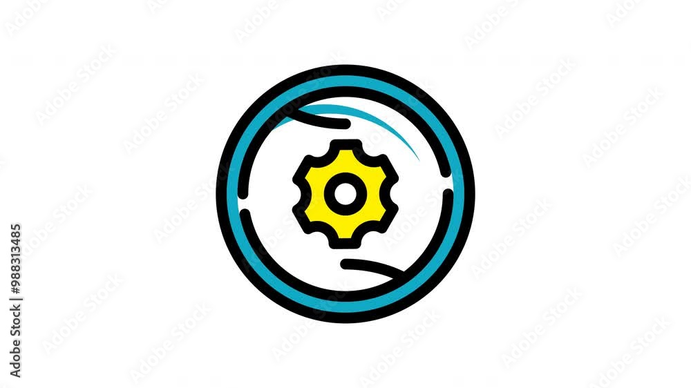 Settings arrows circle with black outline, yellow gear on white ...