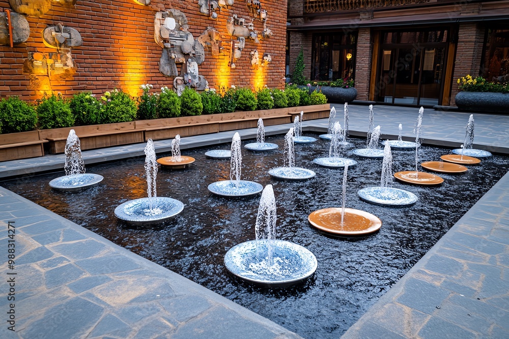 Fantasy music museum courtyard, where musical fountains create melodies ...