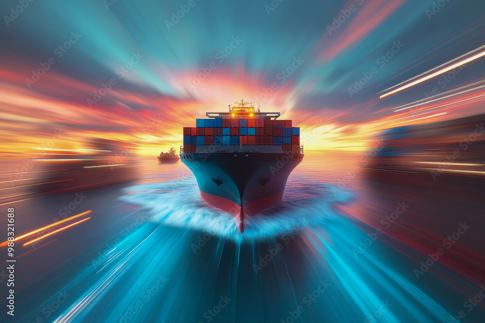 Colossal cargo ship sailing at sunset, reflecting vibrant colors in the ...
