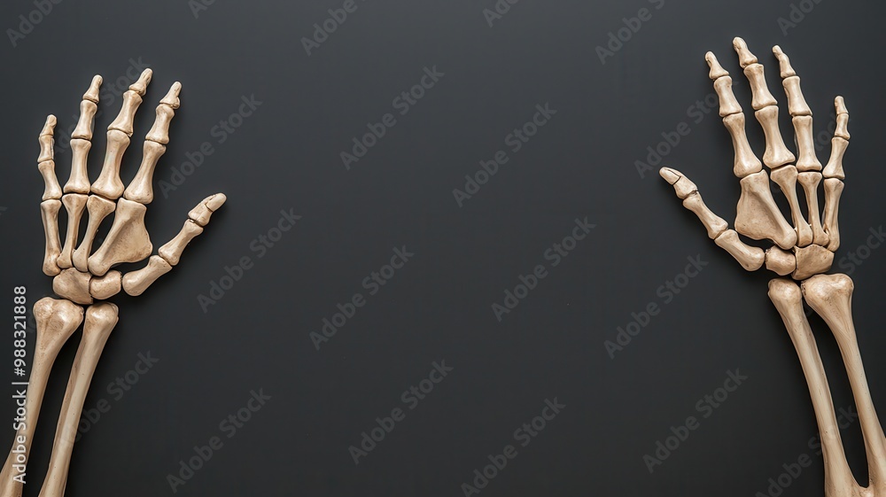 Image of two human skeleton hands arranged symmetrically on a dark ...