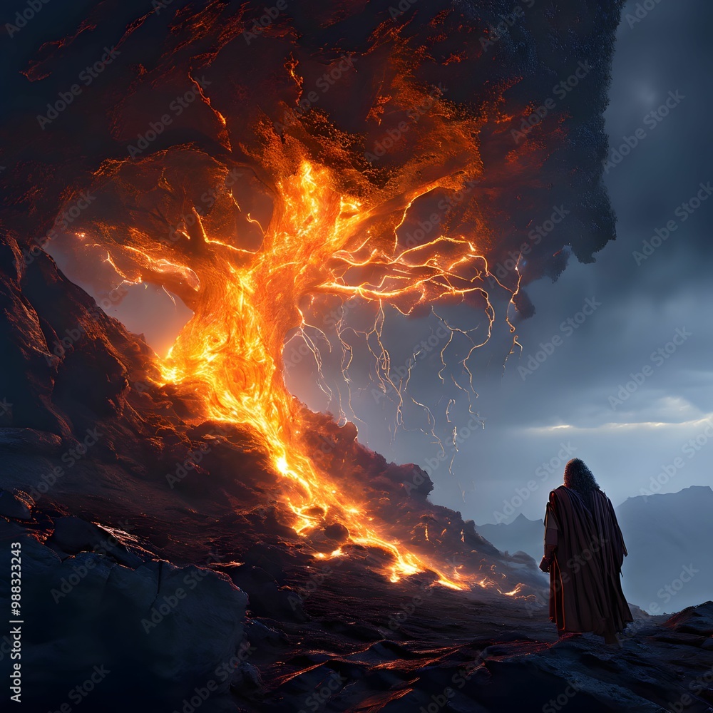 Biblical illustration, Moses saw a burning bush but was not consumed by ...