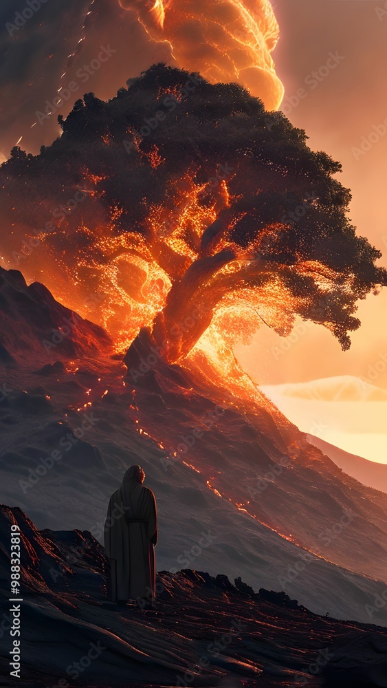 Biblical illustration, Moses saw a burning bush but was not consumed by ...
