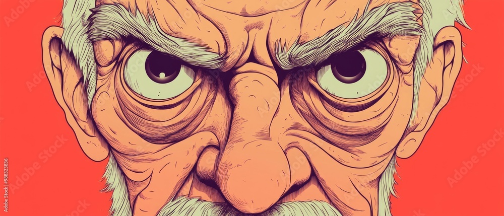 Cartoon illustration featuring a whimsical menacing old man s face in a ...