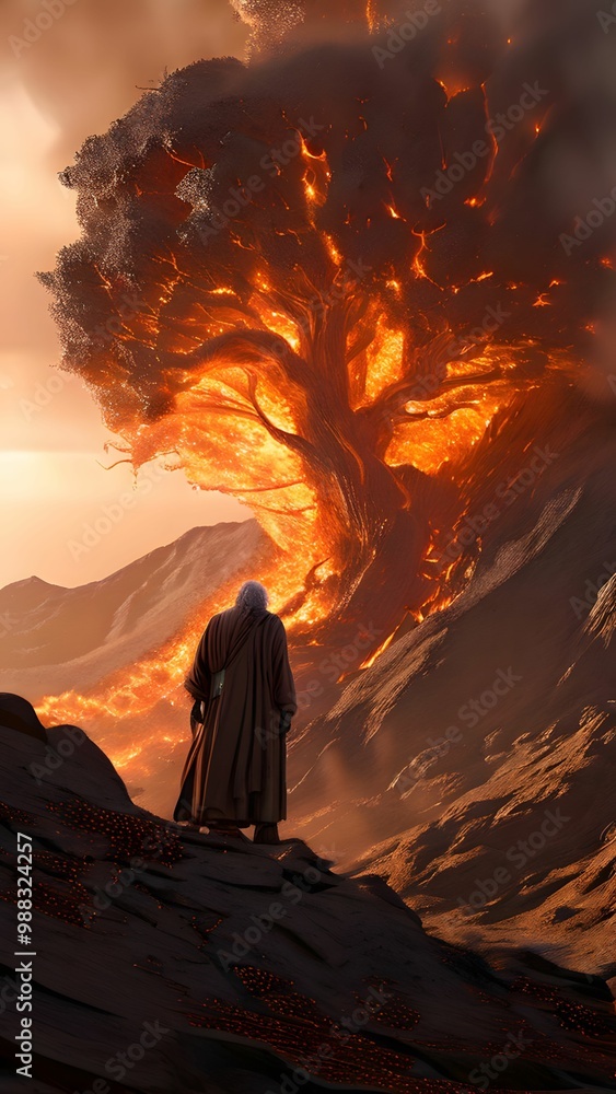 Biblical illustration, Moses saw a burning bush but was not consumed by ...