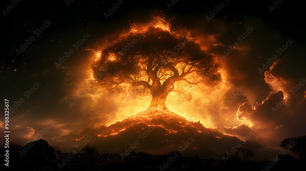 Biblical illustration, Moses saw a burning bush but was not consumed by ...
