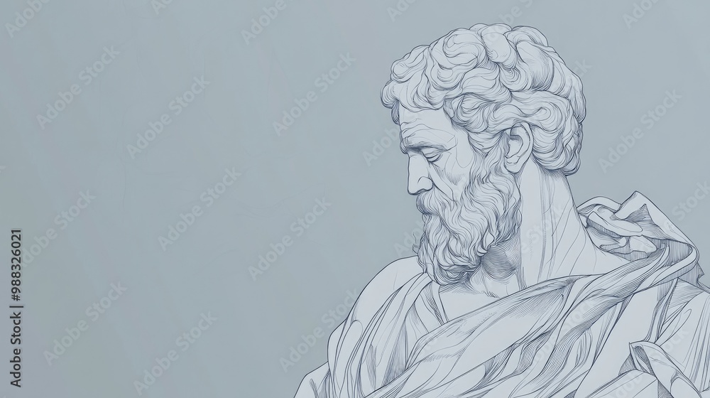 Line art depiction of a historical philosopher on a grey background ...