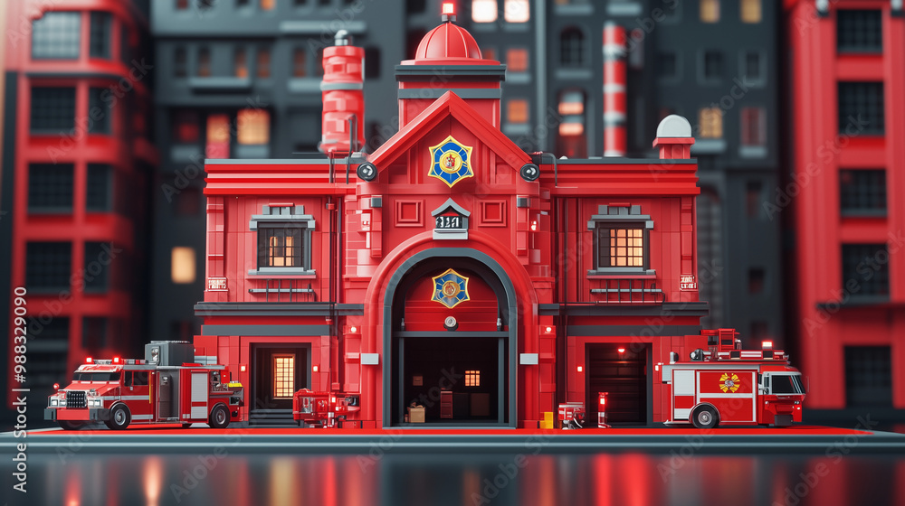 A fire station with a bold 3D front featuring firefighter motifs and ...
