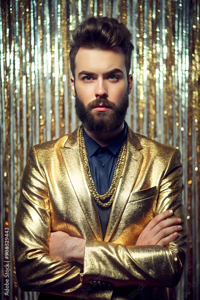 Foto de Portrait of bearded guy in funky outfit. Serious unfriendly ...