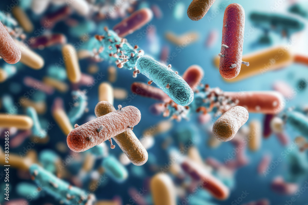 Microscopic view of bacteria and microbes in 3D illustration Stock ...