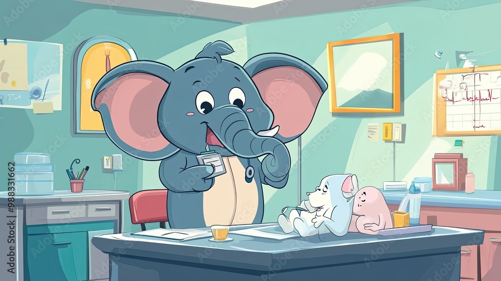 An elephant doctor examining a polar bear patient in a cartoon hospital ...