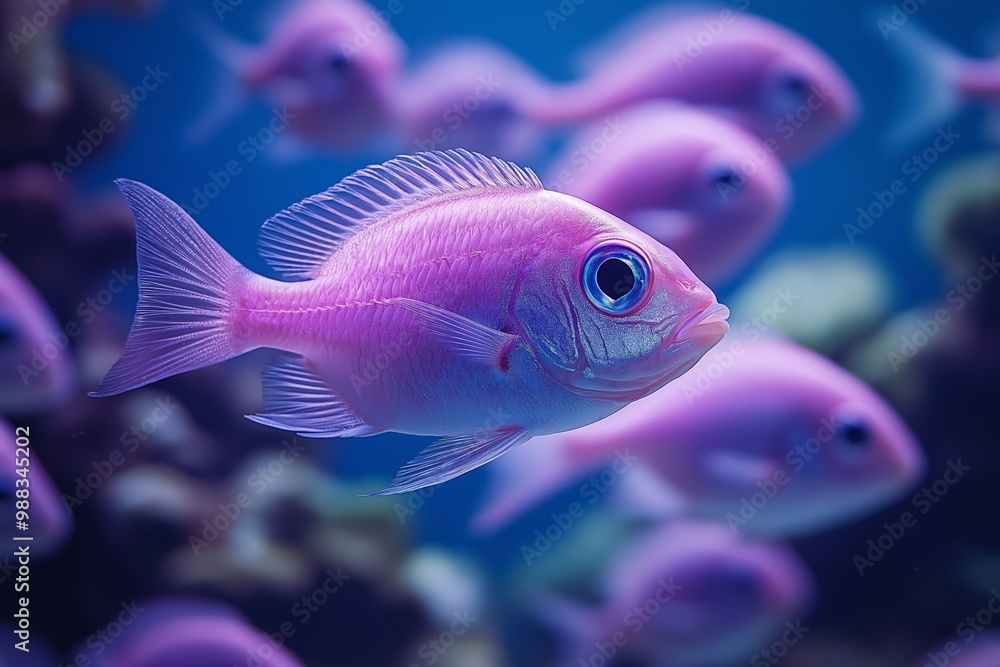 Pink fish is swimming in a tank with other fish. The fish is the only ...