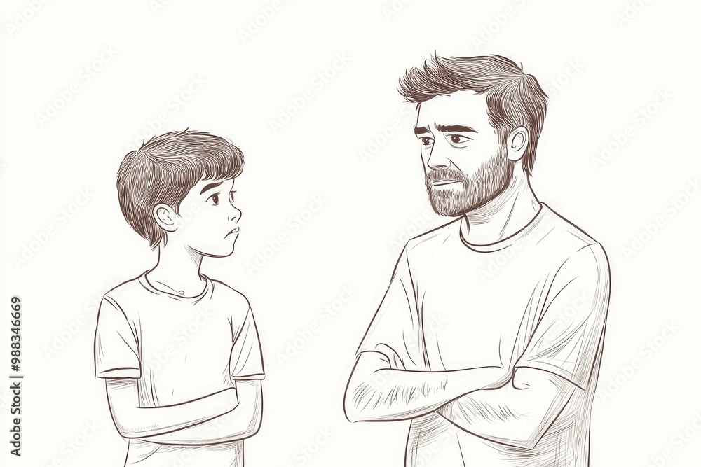 Line art illustration depicting a father sternly reprimanding his son ...