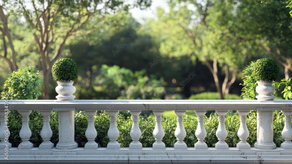 Sophisticated white marble park with lush greenery. The parapet ...