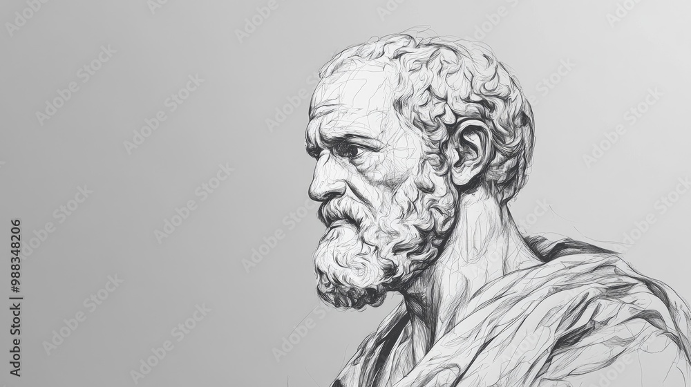 Line art depiction of a historical philosopher on a grey background ...