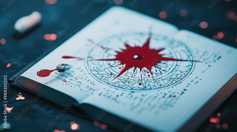 Ancient leather bound book open to a page filled with cryptic symbols ...
