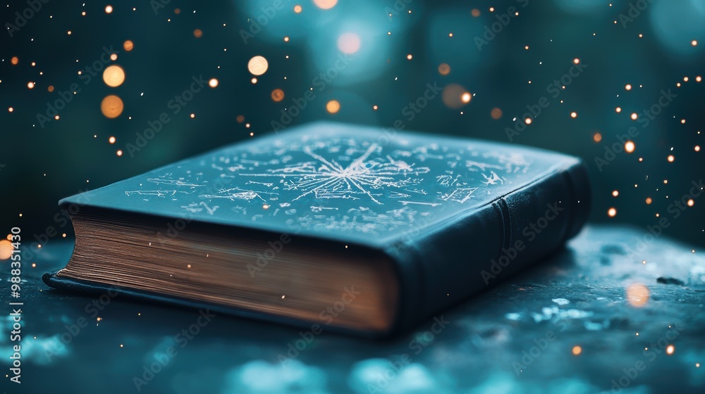 An ancient leather bound book open to a page filled with cryptic ...