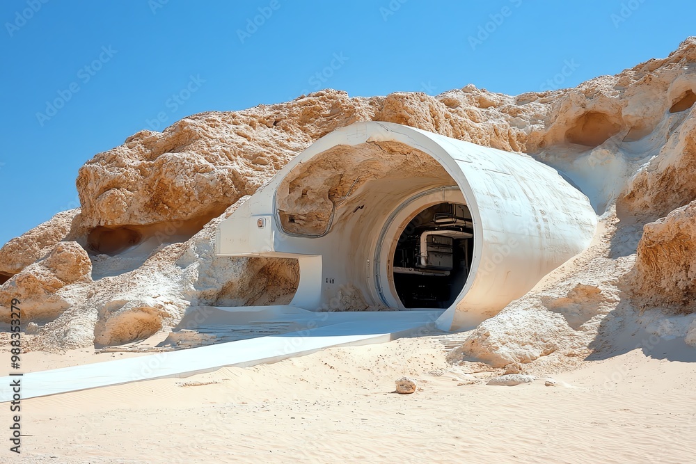 Futuristic desert laboratory, hidden in the sand, conducting ...