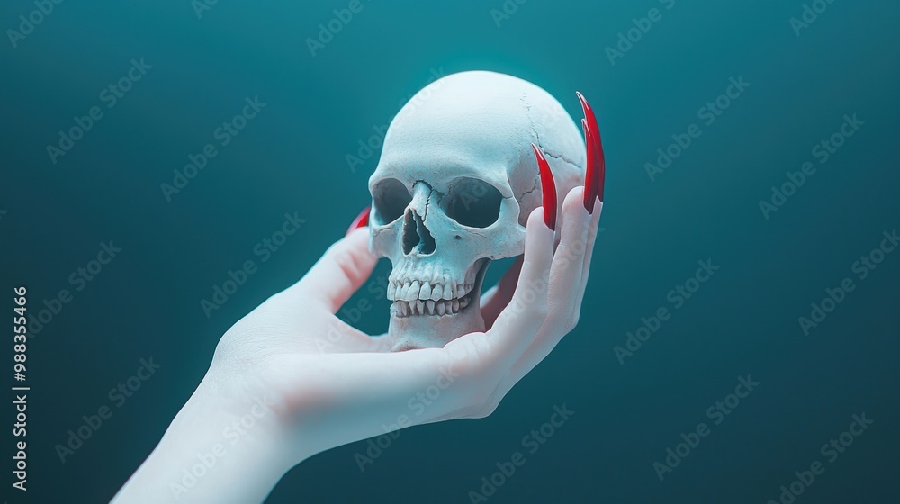 Pale hand with long sharp fingernails clutches a human skull its hollow ...