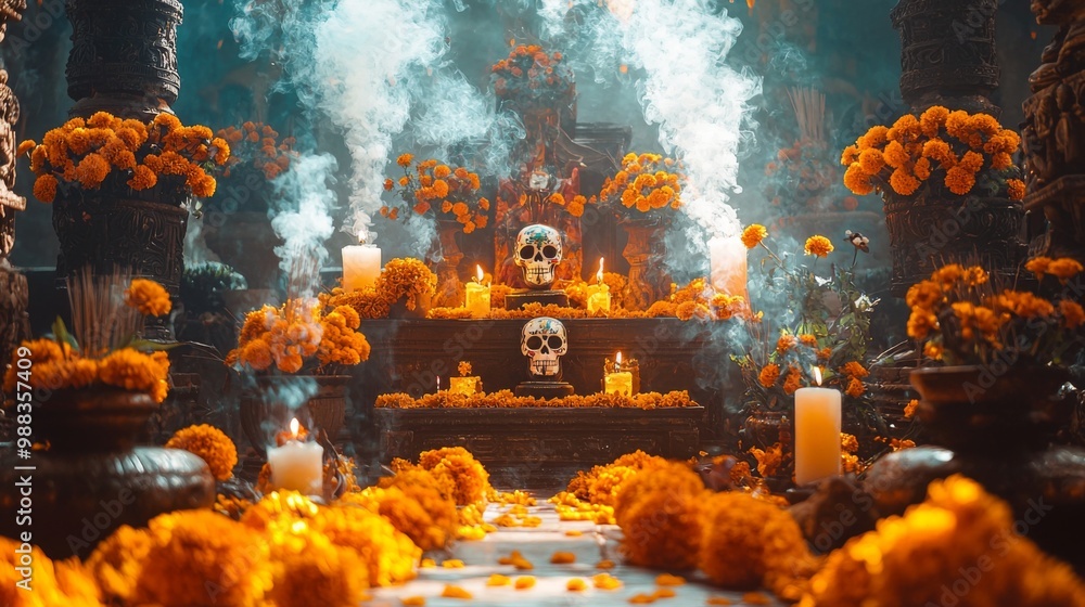 Vibrant sugar skull altar with marigolds, candles, and incense in a ...