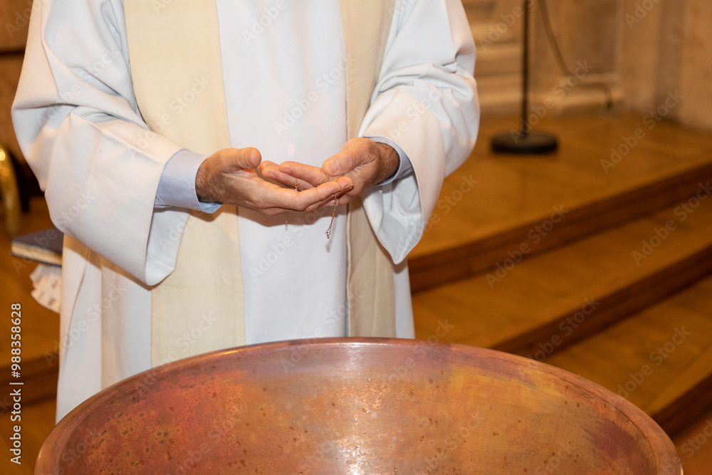 Newborn baby baptism in holy water for infant bathe in the font ...