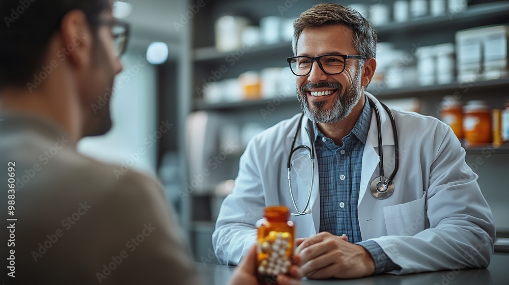 doctor prescribing medication to patient handing him bottle of pills ...