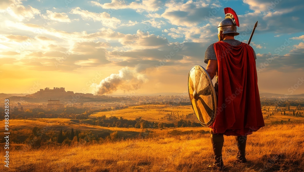 Spartan warrior wearing a red cloak and an iron helmet holding a spear ...