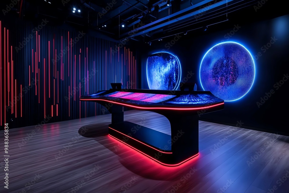 Futuristic music composition room, in a music museum where visitors can ...