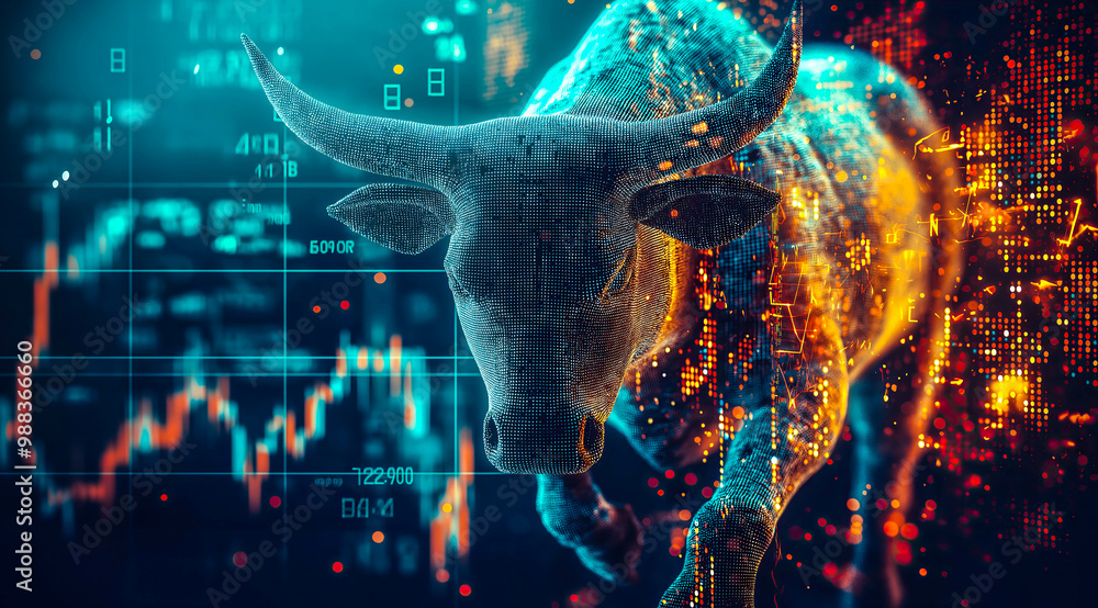 An angry bull is depicted engaging in trading activities with a ...