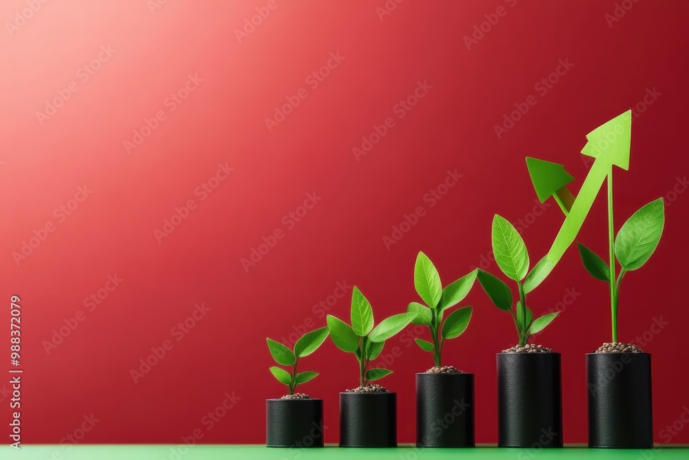 Five potted plants grow at increasing heights, illustrating growth and ...