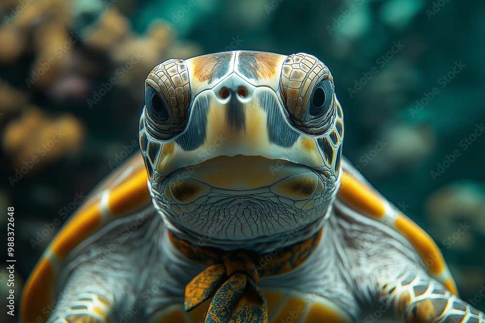 Turtle with a yellow bandana around its neck. The turtle is looking at ...