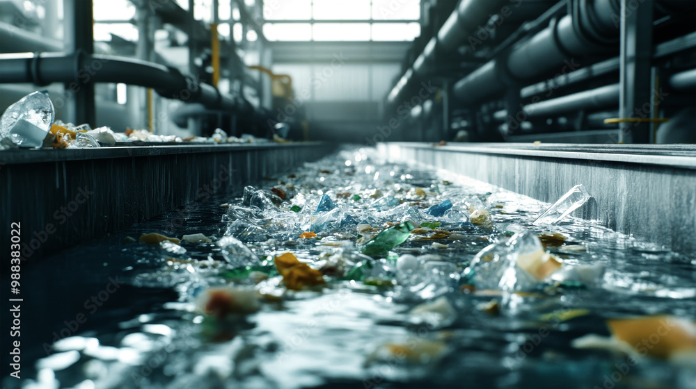 Water flows through an industrial washing machine, cleaning broken ...