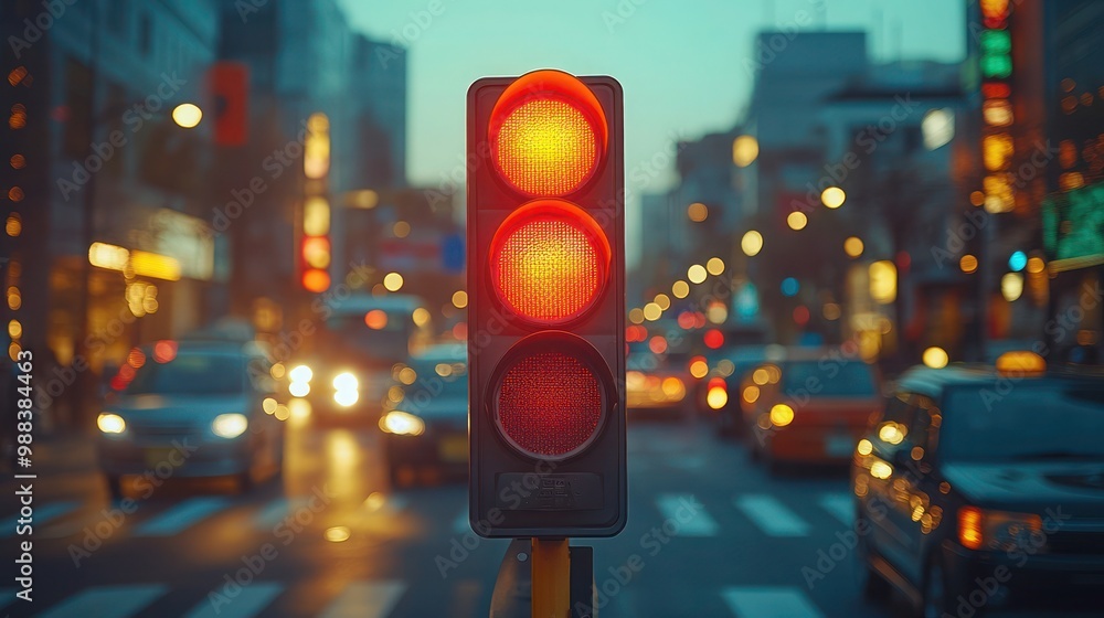 busy crossroads during rush hour with a prominent red stoplight ...