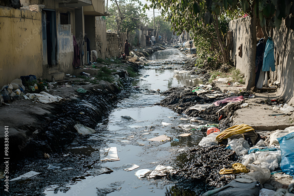Urban slum water pollution showing garbage-clogged drain, highlighting ...