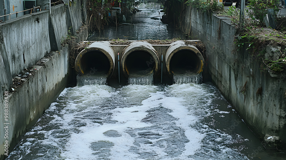 Urban water pollution, wastewater drainage, sewage pipes, environmental ...