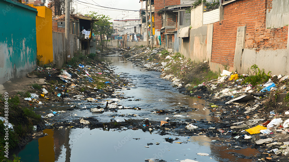 Slum pollution, garbage in water, poor waste management, urban ...