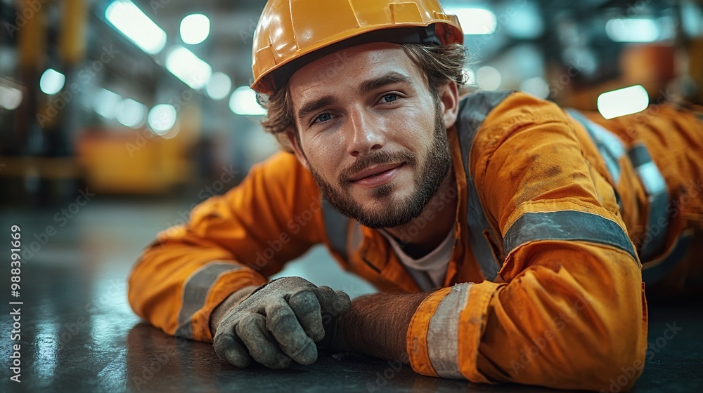 male worker lying on the floor after fall from ladder holding his knee ...