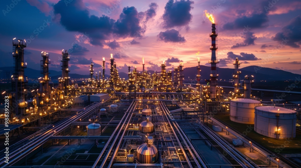 Exterior of an industrial refinery with large storage tanks, pipelines ...