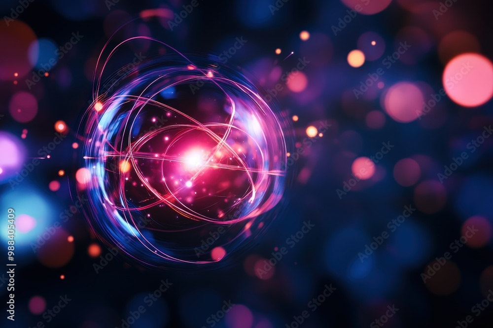 An abstract representation of atomic structure with vibrant colors ...